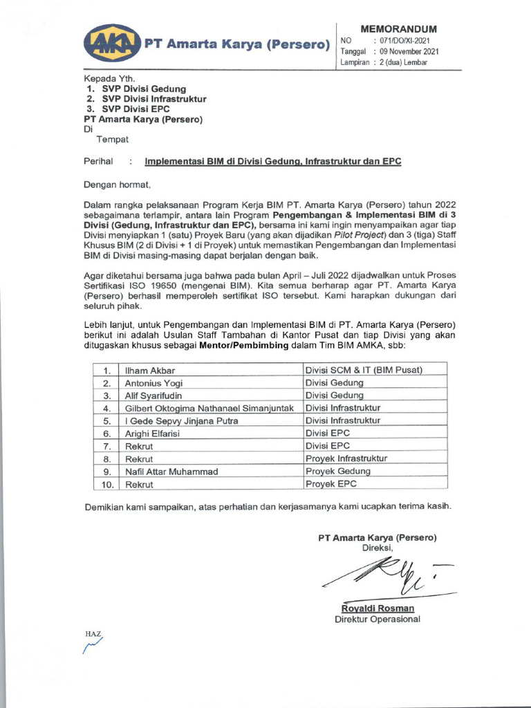 Surat Tugas Implementasi BIM Di Divisi Gedung, Infrastruktur Dan EPC ...