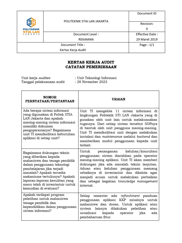 Kertas Kerja Audit TI Politeknik STIA | PDF | Komputer