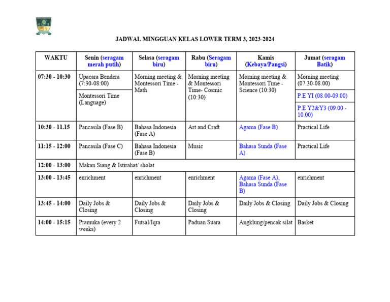 Jadwal Mingguan Kelas Lower Thn 2023-2024 | PDF