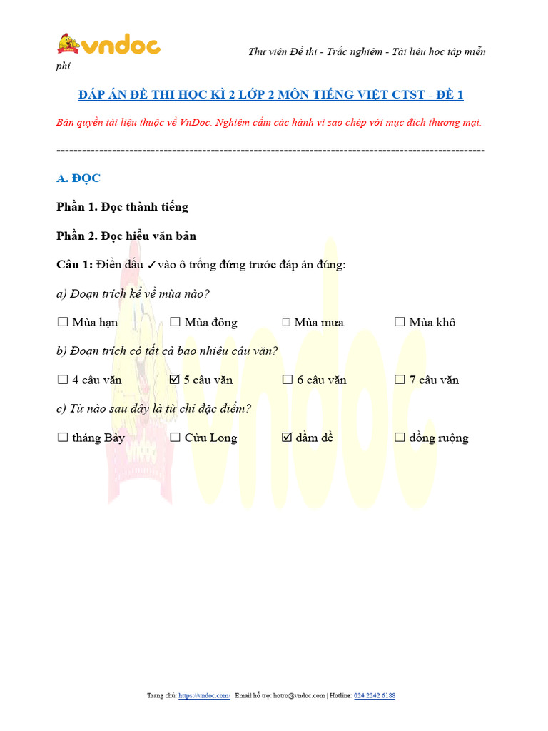 Dap An de Thi Hoc Ki 2 Lop 2 Mon Tieng Viet CTST de 1 | PDF