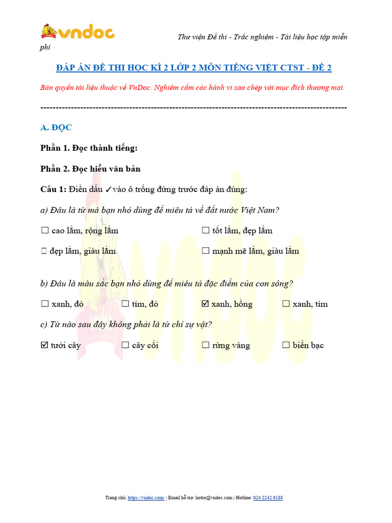 Dap An de Thi Hoc Ki 2 Lop 2 Mon Tieng Viet CTST de 2 | PDF