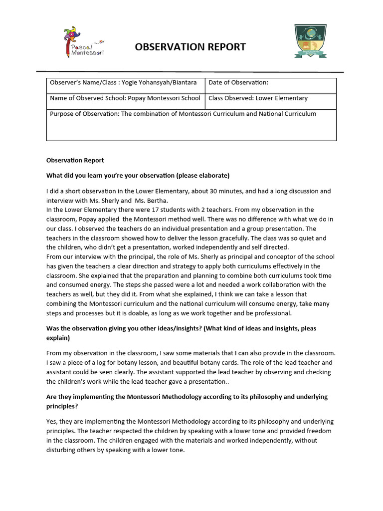 Observation Report Popay Satori Montessori School | PDF | Montessori ...
