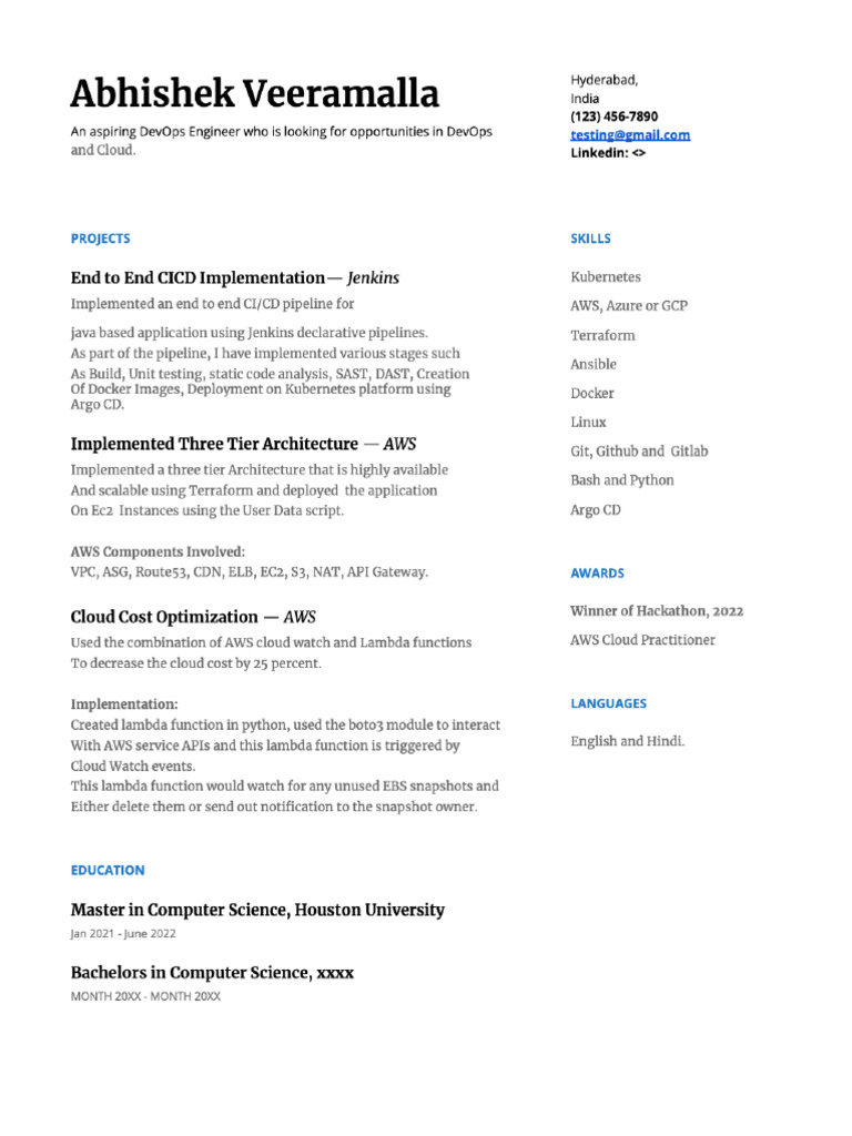 DevOps Fresher Resume | PDF