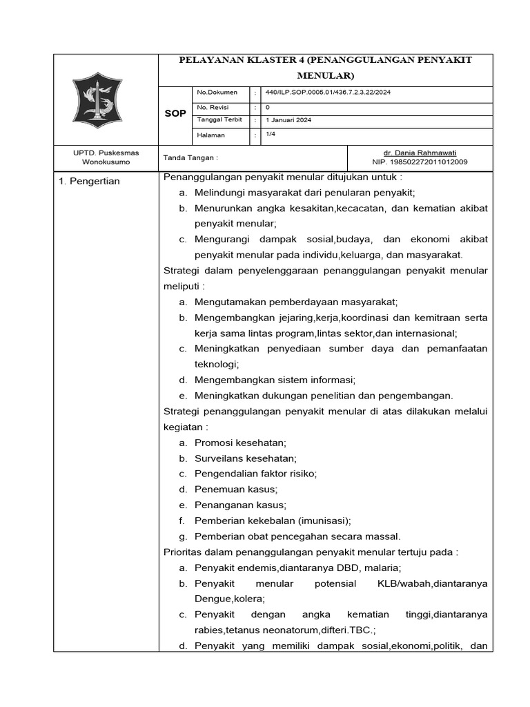 Sop Pelayanan Klaster 4 (Klaster Penanggulangan Penyakit Menular) Revisi | PDF