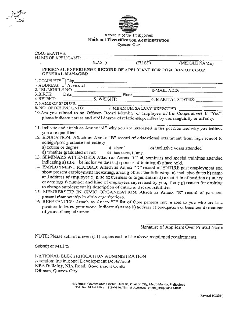 Application Form For Electric Distribution Utility General Manager ...