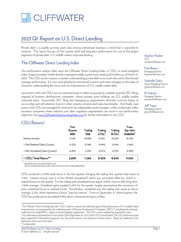 2023 Q1 Cliffwater Direct Lending Report | PDF | Yield (Finance) | Fair ...