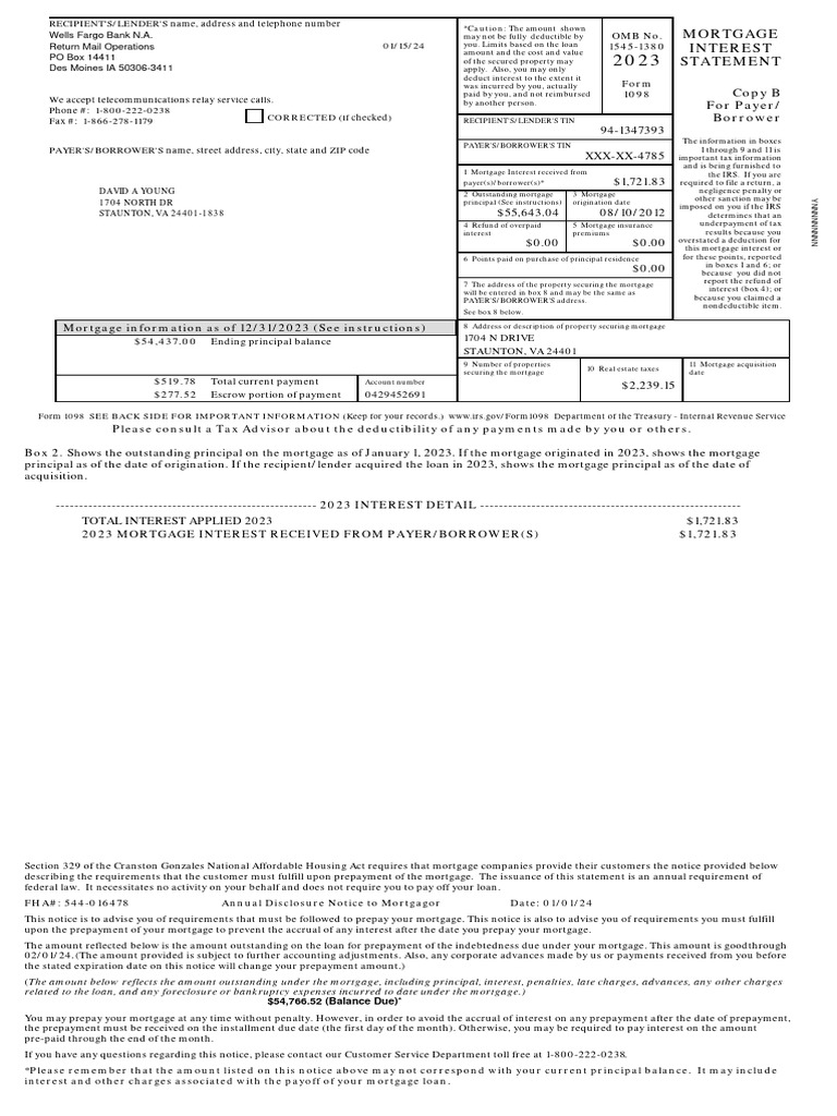 Mortgage Interest Statement: Copy B For Payer/ Borrower | PDF ...