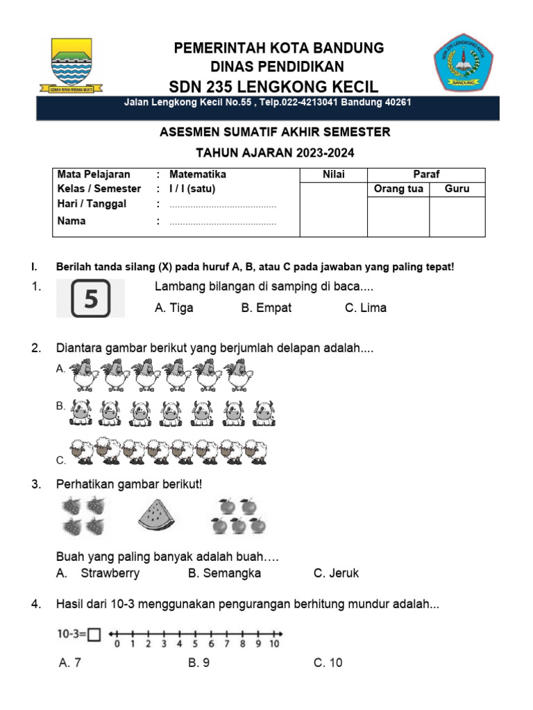 Asas MTK Kelas 1 Semester 1 Tahun 2023 | PDF