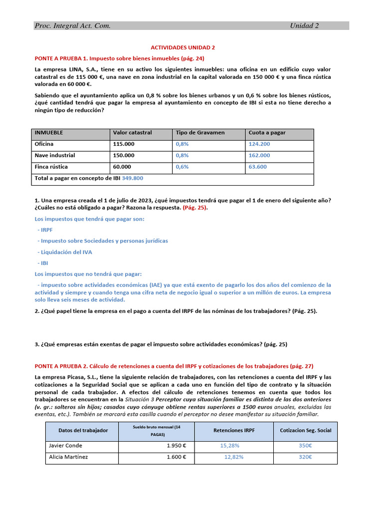 Actividades Unidad 2 | PDF | Impuestos | Salario