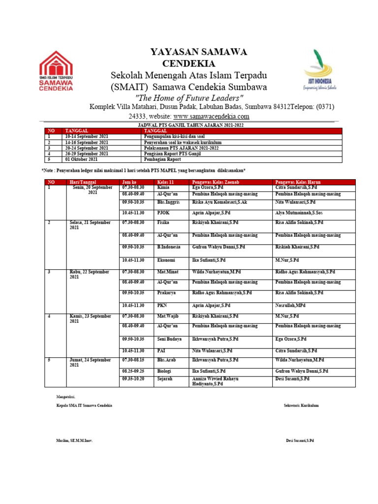 Jadwal PTS Kelas Xi - Fix | PDF
