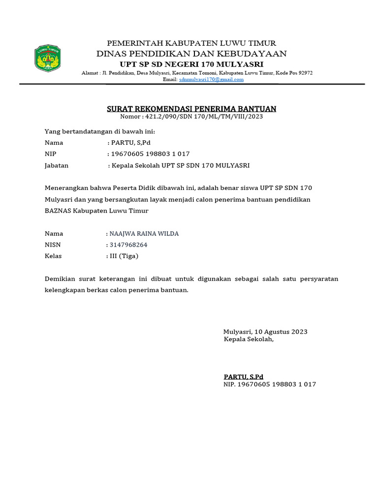 SURAT REKOMENDASI PENERIMA BANTUAN BAZNAS ML | PDF