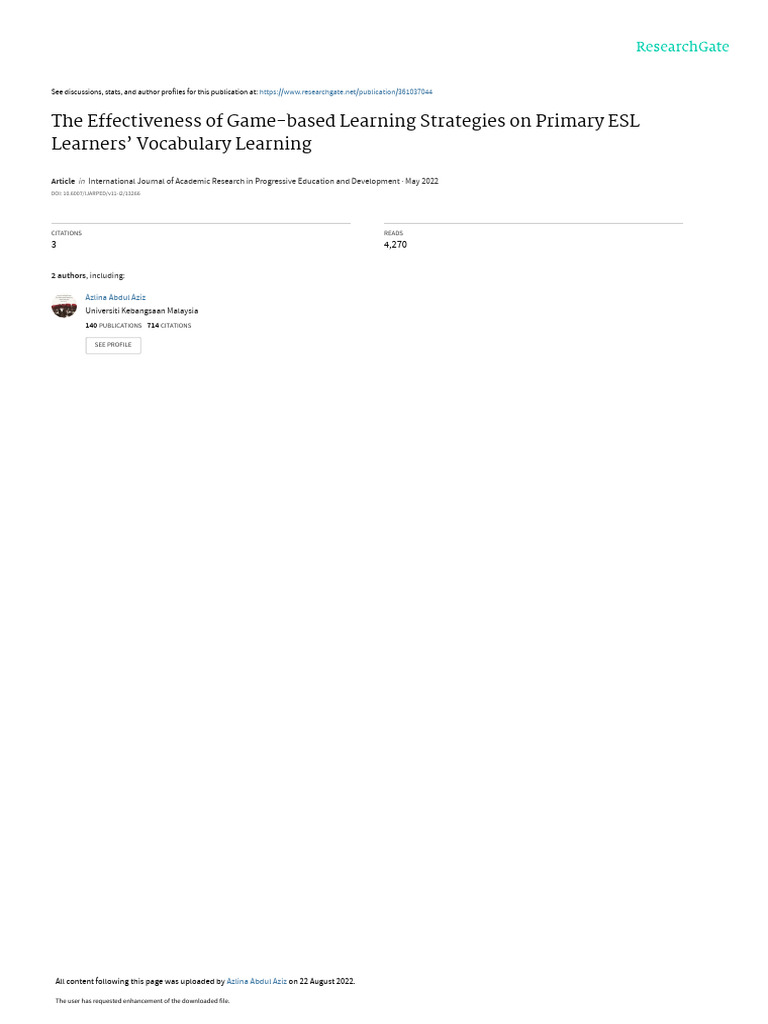 The Effectiveness Of Game Based Learning Strategies On Primary Esl Learners Vocabulary Learning