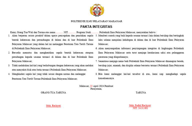 Draft Pakta Integritas Untuk Ortu Taruna | PDF