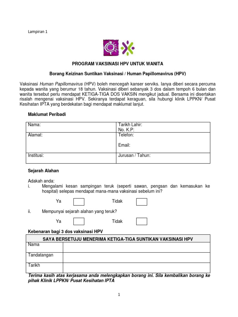 Program Vaksinasi HPV Untuk Wanita Borang Keizinan Suntikan Vaksinasi / Human Papillomavirus ...