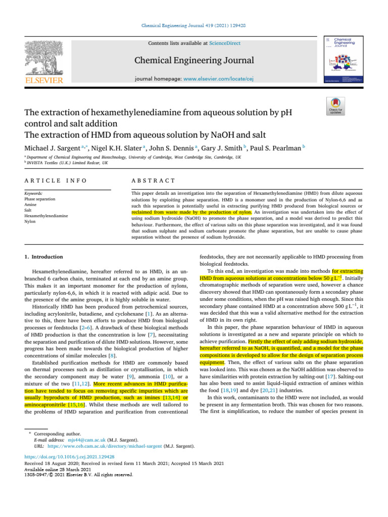 The Extraction Of Hexamethylenediamine From Aqueous Solution By Ph