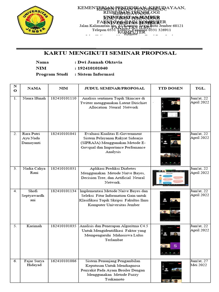 KARTU-MENGIKUTI-SEMINAR-PROPOSAL - Dwi Jannah Oktavia - 192410101040 | PDF