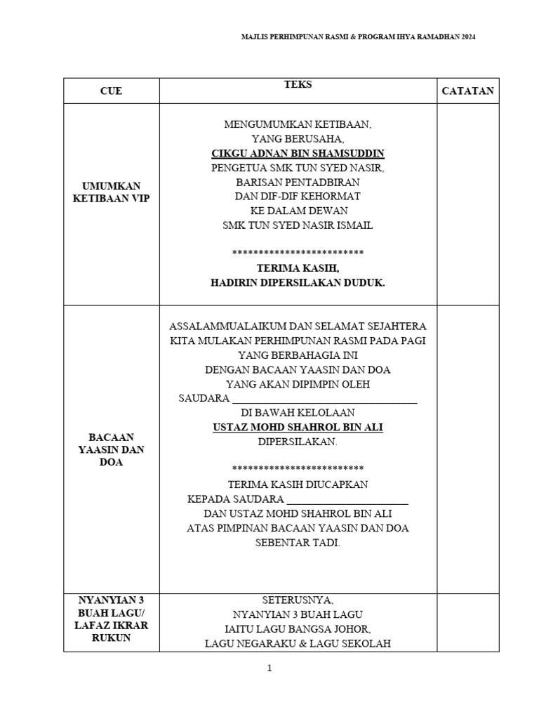 Emcee Teks Majlis Pembukaan Sekolah | PDF