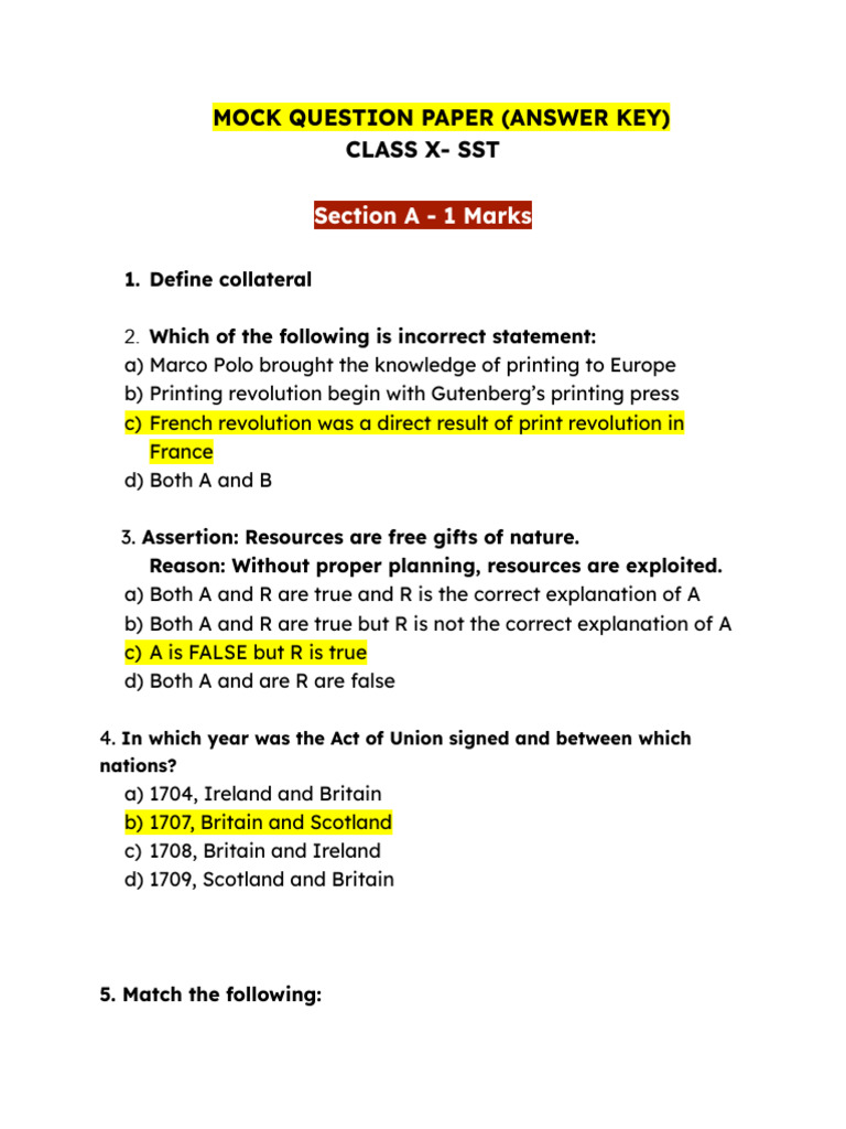 Class 10 MOCK QUESTION PAPER (answer key) | PDF | Great Depression ... Class 10 MOCK QUESTION PAPER (answer key) | PDF | Great Depression ...