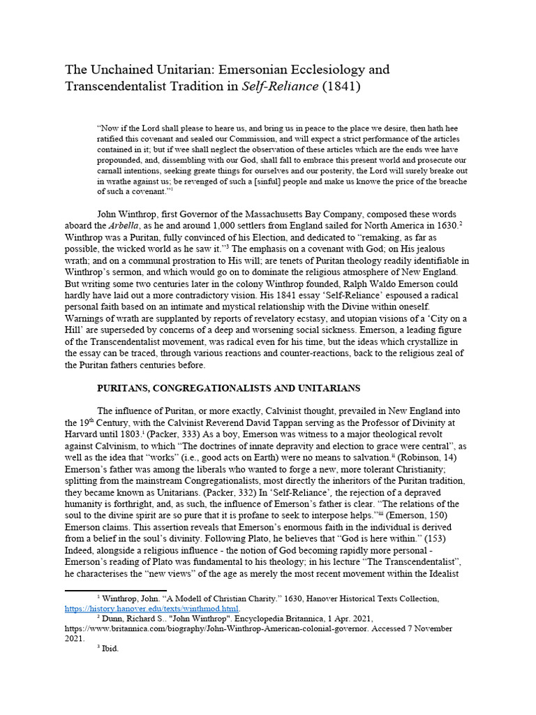 Emerson's Self-Reliance and Unitarianism | PDF | Transcendentalism ...