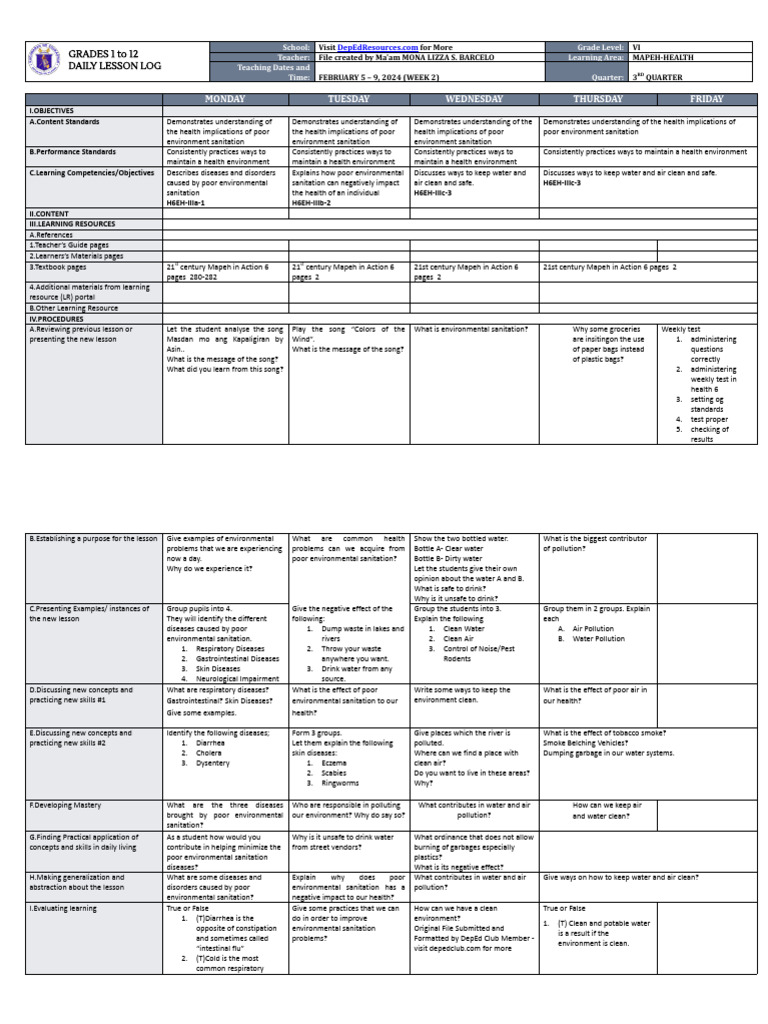 DLL - Mapeh-Health 6 - Q3 - W2 | PDF | Sanitation | Water