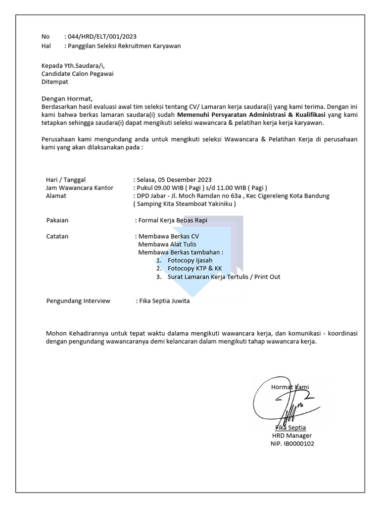 Panggilan Wawancara Karyawan Lisa Sindoro | PDF