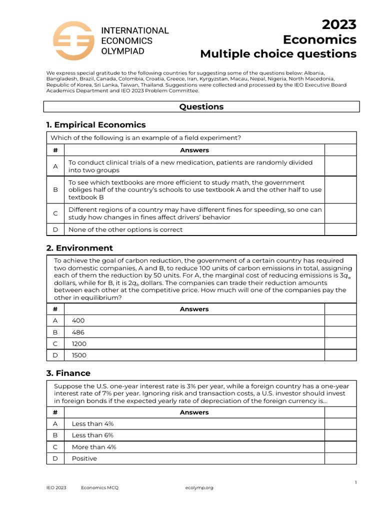 IEO Economics MCQ 2023 | PDF | Income Distribution | Economies