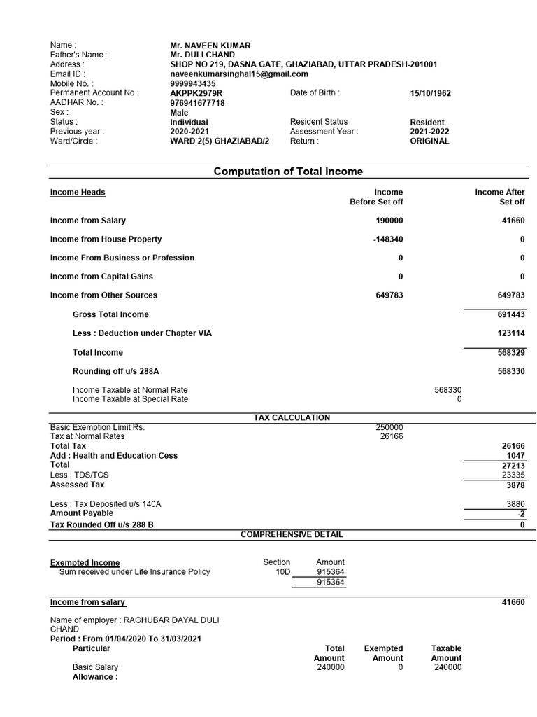 Coi Ay 2021-22 Naveen Kumar | PDF | Income | Taxes