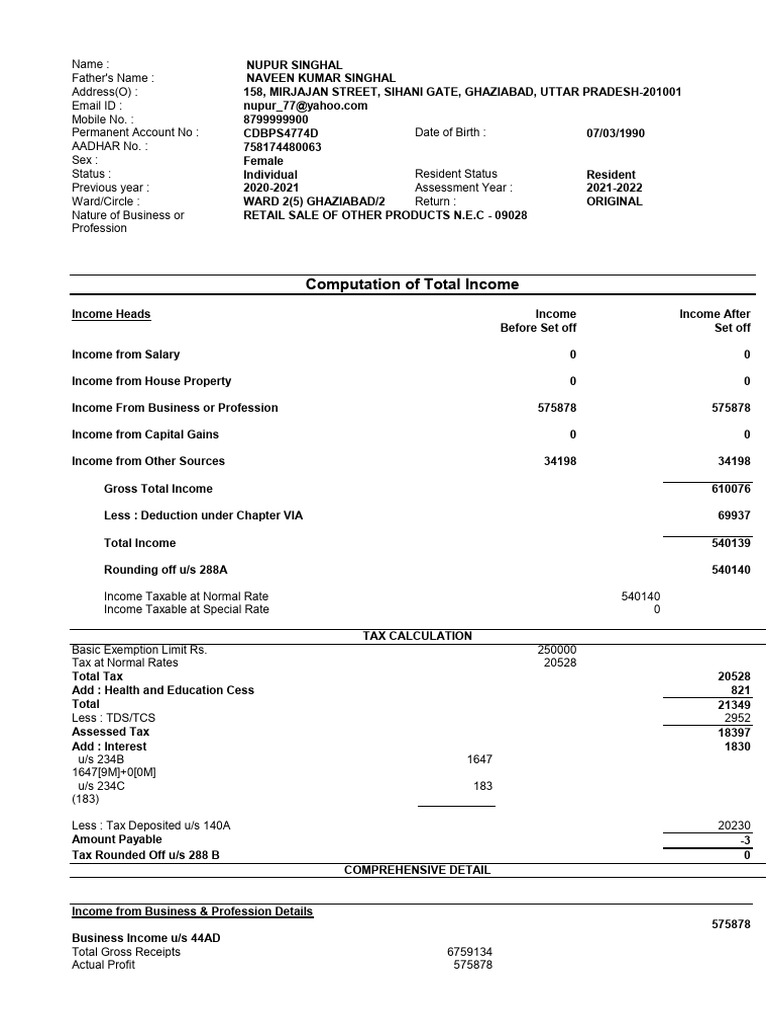 Coi Ay 2021-22 Nupur Singhal | PDF | Income | Taxes