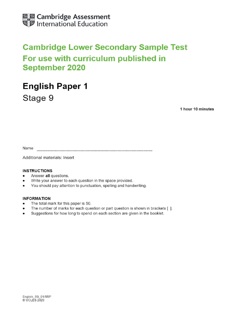 English Stage 9 Sample Paper 1 | PDF