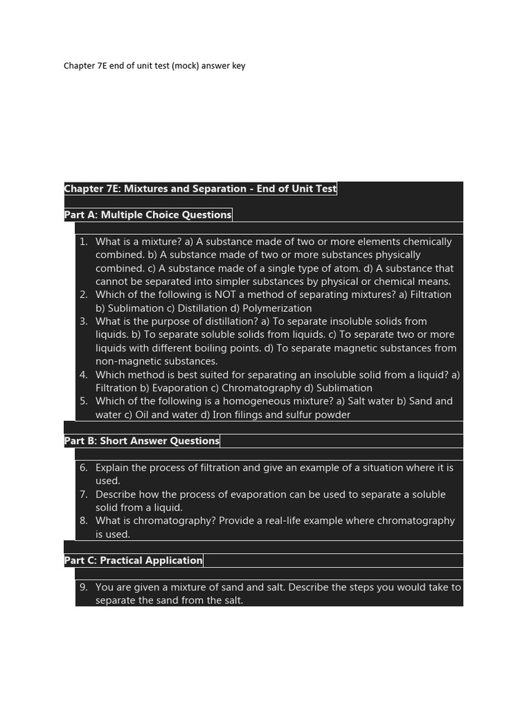 Chapter 7E End of Unit Tes Answer Key (Mock) | PDF | Chemical ...