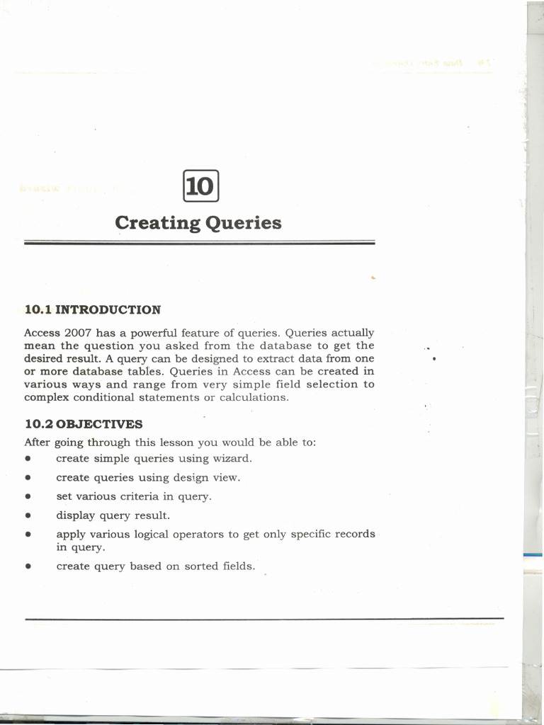 Lesson 10 Creating Queries | PDF | Databases | Microsoft Access