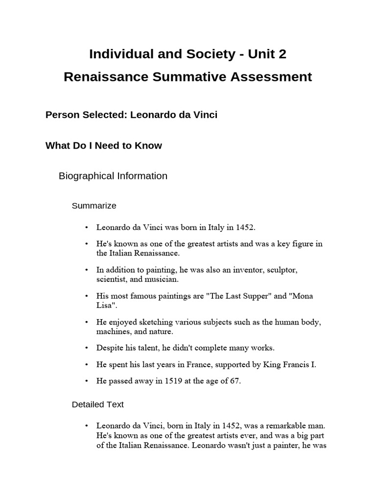 Individual and Society - Unit 2 Renaissance Summative Assessment | PDF ...