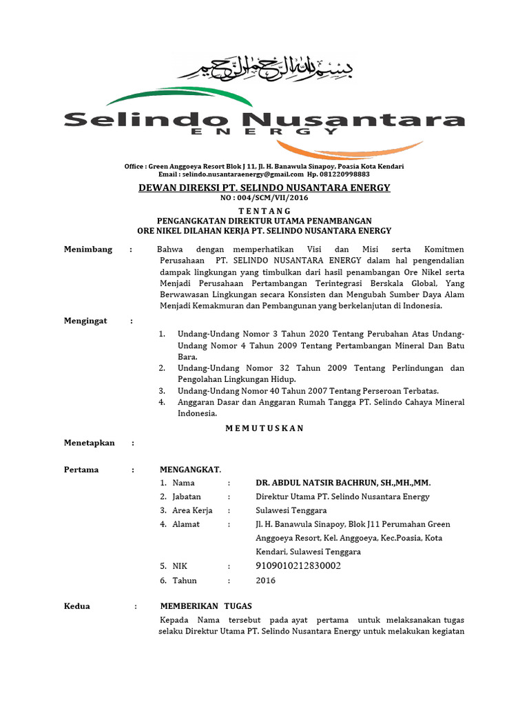 Surat Pengangkatan Manager Bisnis PT. SNE | PDF