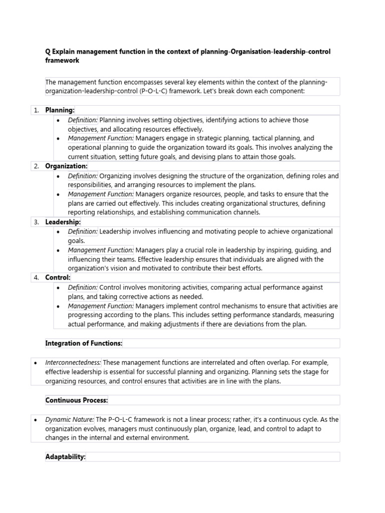 Q Explain Management Function in The Context of Planning-Organisation ...