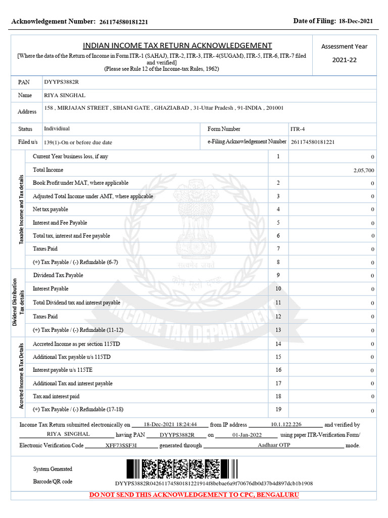 Itr Ay 2021-22 Riya Singhal | PDF | Wealth | Income