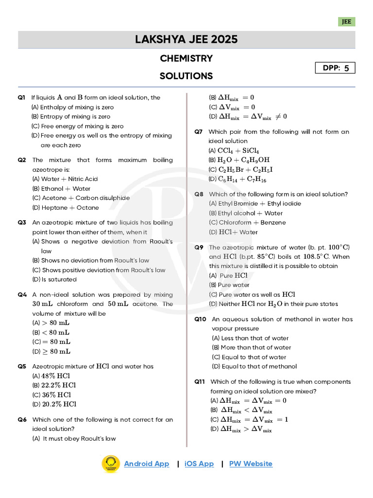 Solutions - DPP 05 (Of Lec 09) - Lakshya JEE 2025 | PDF | Chemistry | Chemical Substances