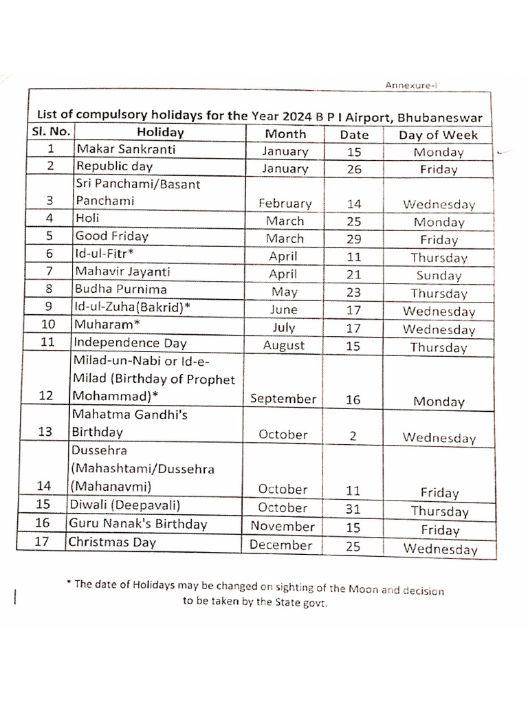 List of Holidays 2024 | PDF
