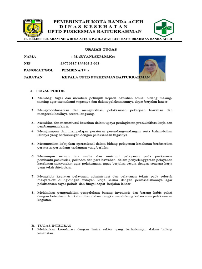 Uraian Tugas Kepala Puskesmas - .. | PDF | Kesehatan Holistik | Sains & Matematika