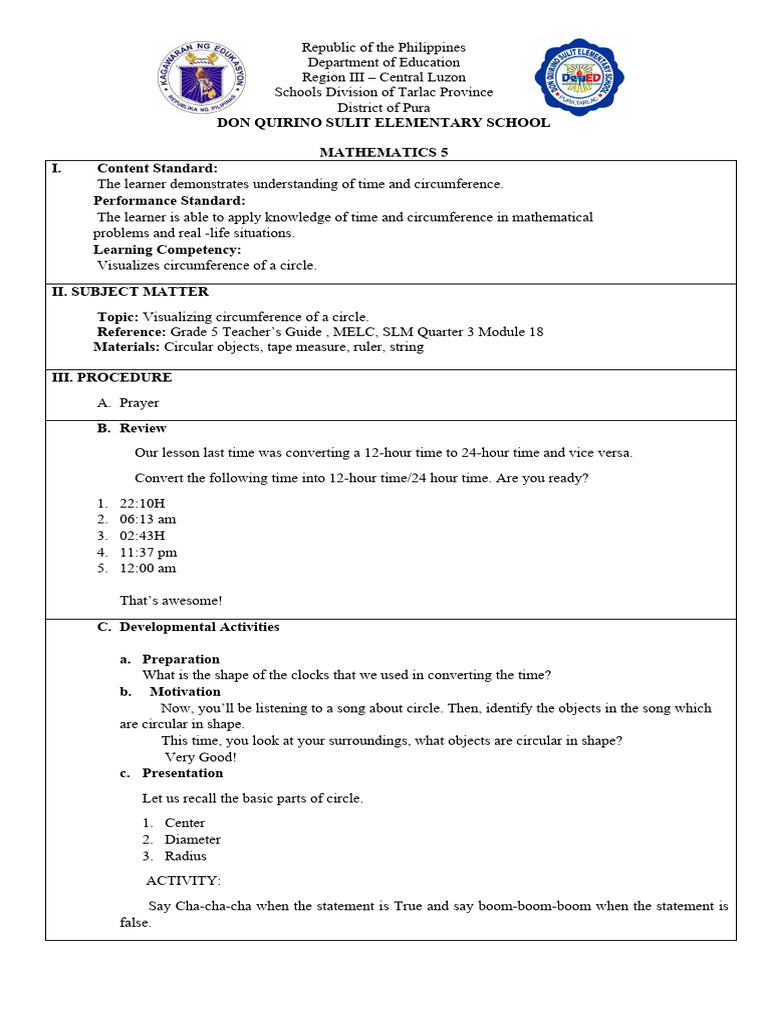 COT Lesson Plan 2022 | PDF | Circle | Pi