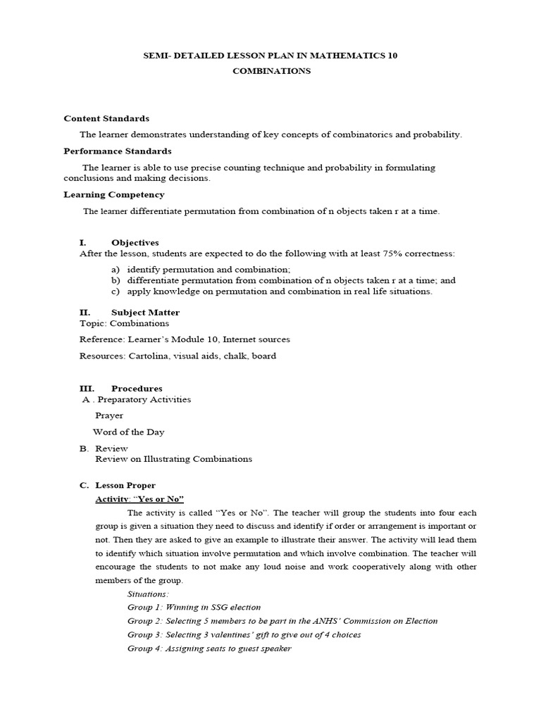 COMBINATIONS | PDF | Learning | Lesson Plan