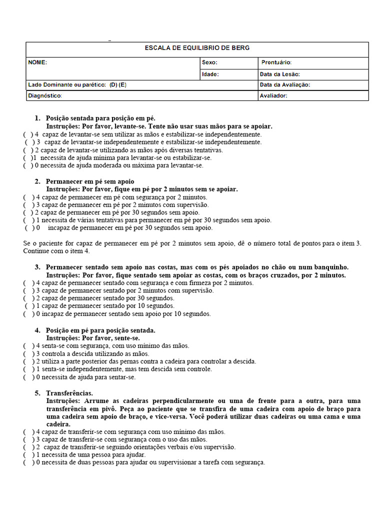 Escala de Equilibrio de Berg Editavel | PDF