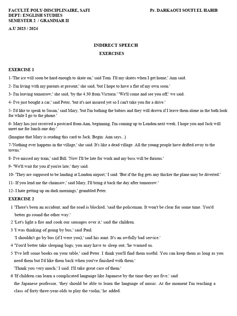 Exercises On Indirect Speech With Key | PDF