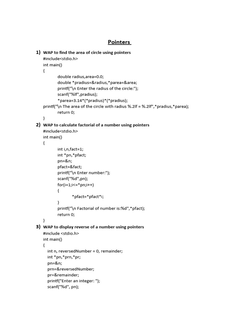 Pointers Programs | PDF | Pointer (Computer Programming) | Computer Science Pointers Programs | PDF | Pointer (Computer Programming) | Computer Science