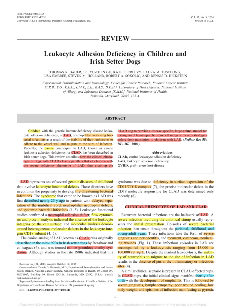 Review "Leukocyte Adhesion Deficiency in Children and Irish Setter Dogs ...