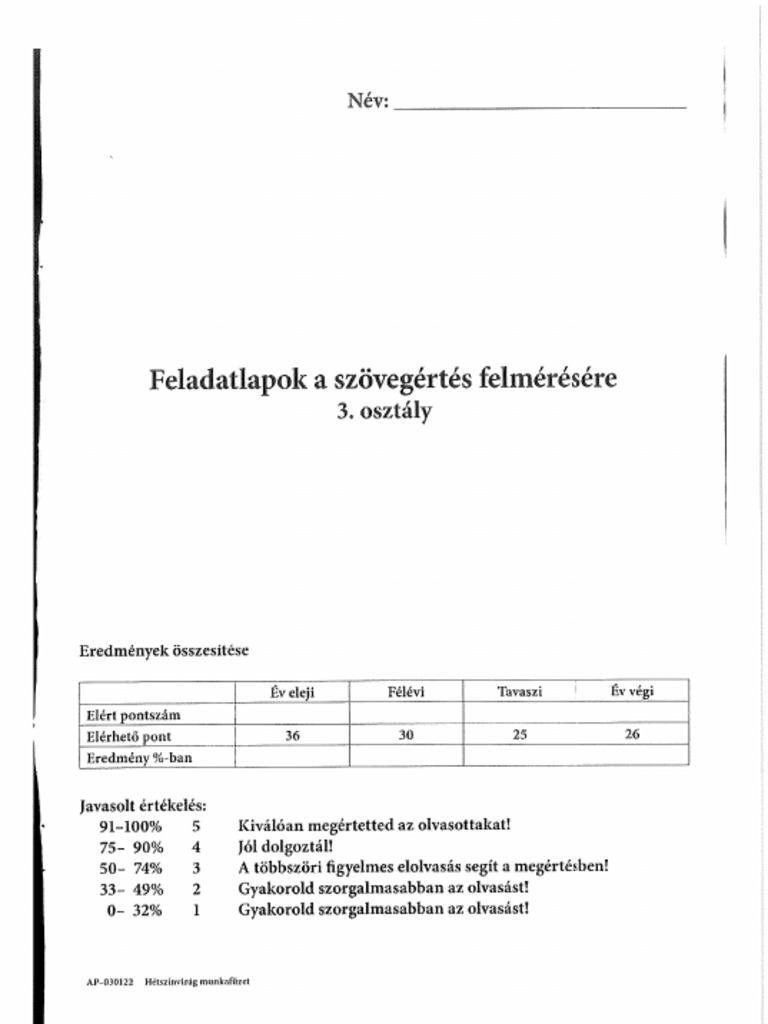 3.oszt Szövegértés Felmérőfüzet | PDF