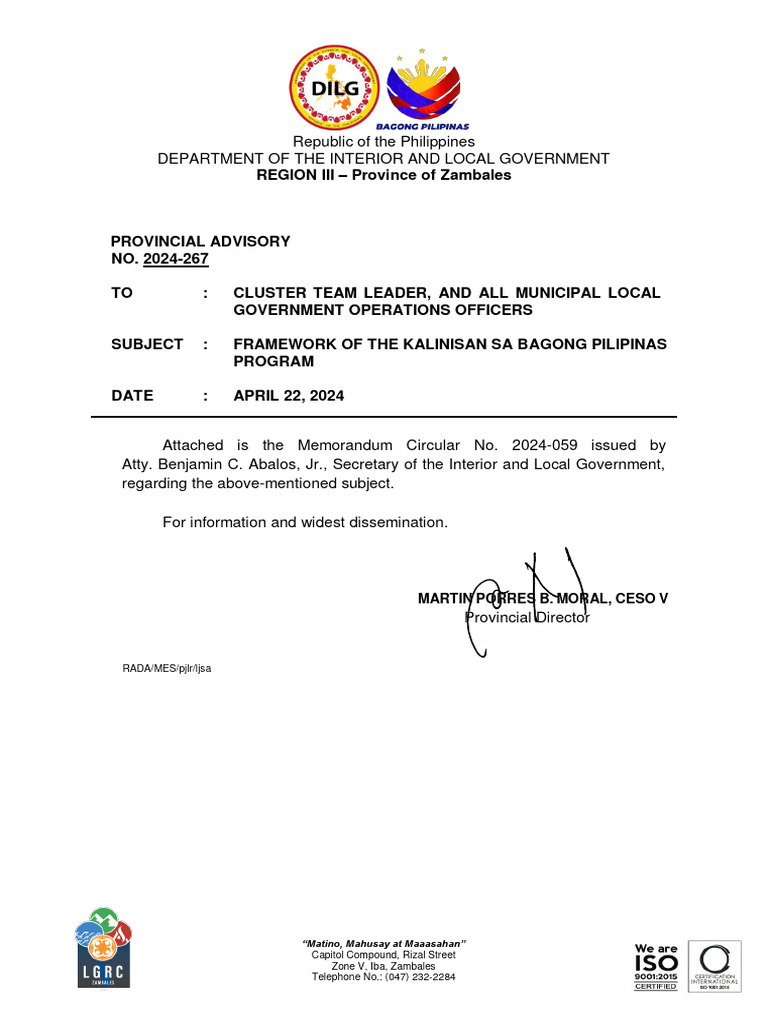 Provincial Advisory No. 2023 267 Framework of The Kalinisan Sa Bagong ...