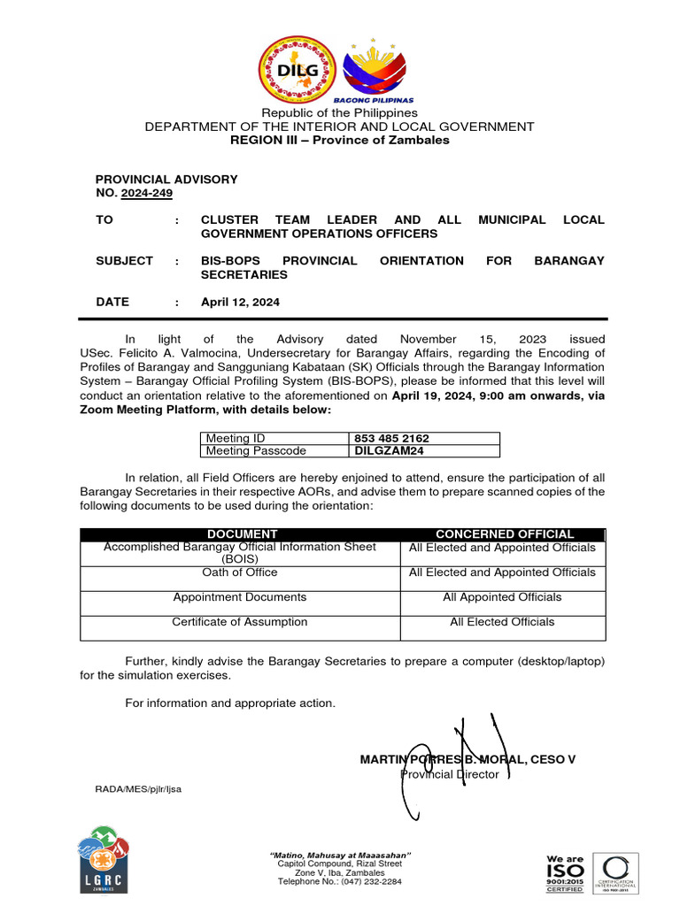 Corrected Provincial Advisory No. 2024 249 Bis Bops Provincial ...