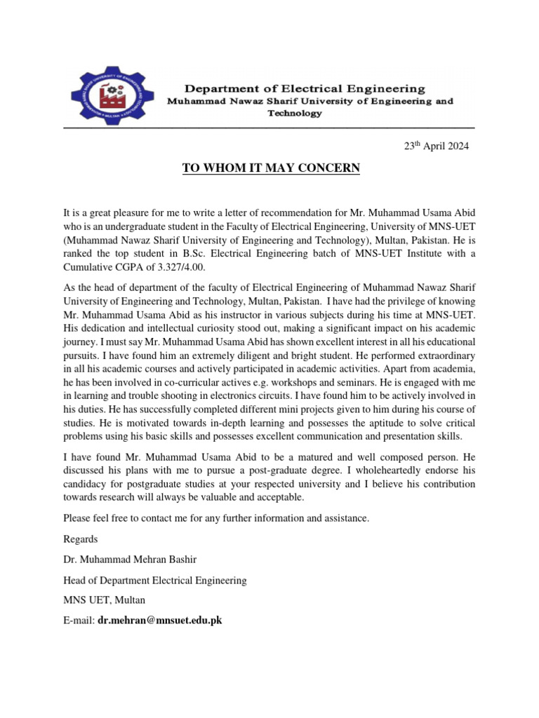 LOR Usama Abid (By Dr. Mehran - General Form) | PDF | Technology ...