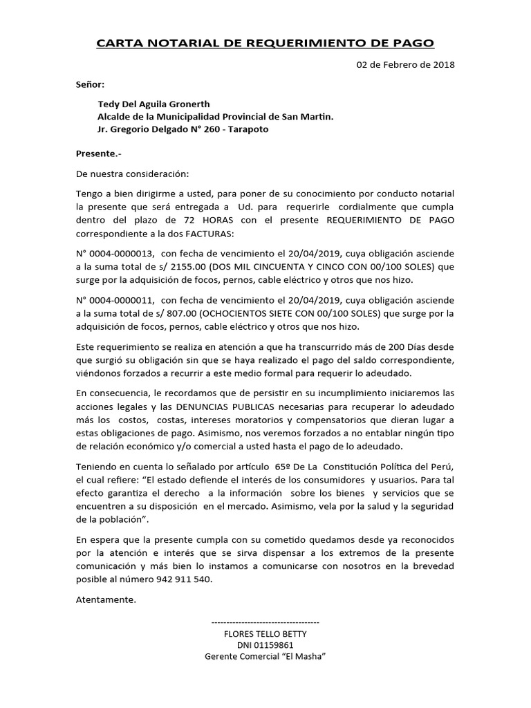 Carta Notarial de Requerimiento de Pago | PDF