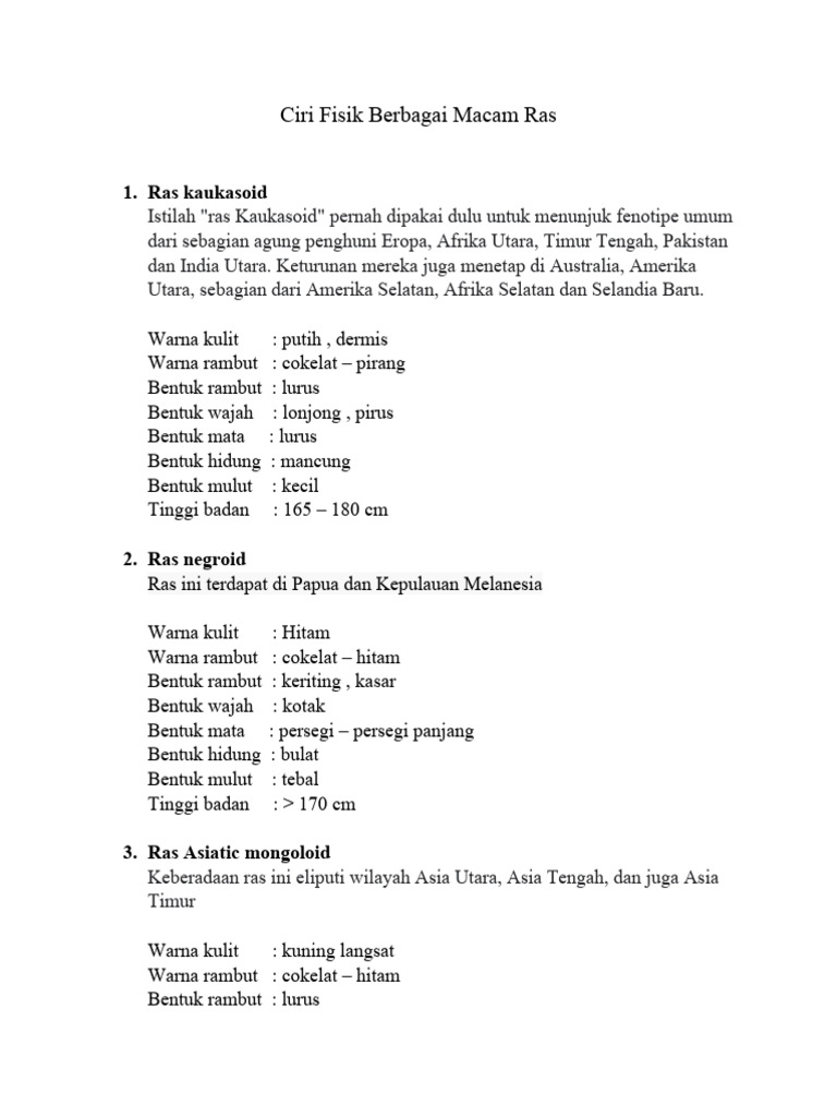 Ciri Fisik Berbagai Macam Ras | PDF